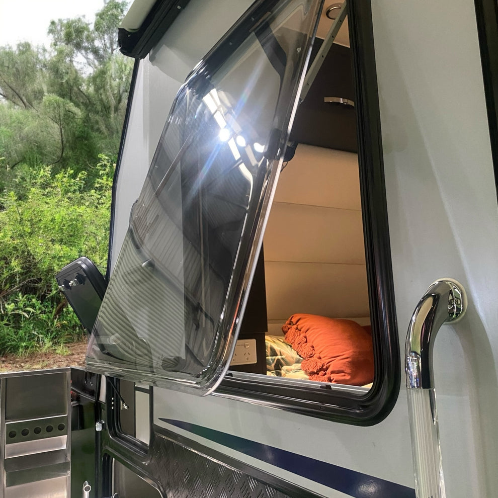 Aussie Traveller Acrylic Window Blade and Hinge 800 x 700 – Bionic RV